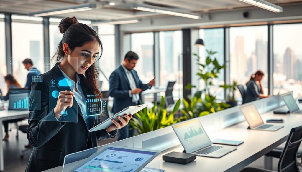 A futuristic office environment featuring a diverse group of ...