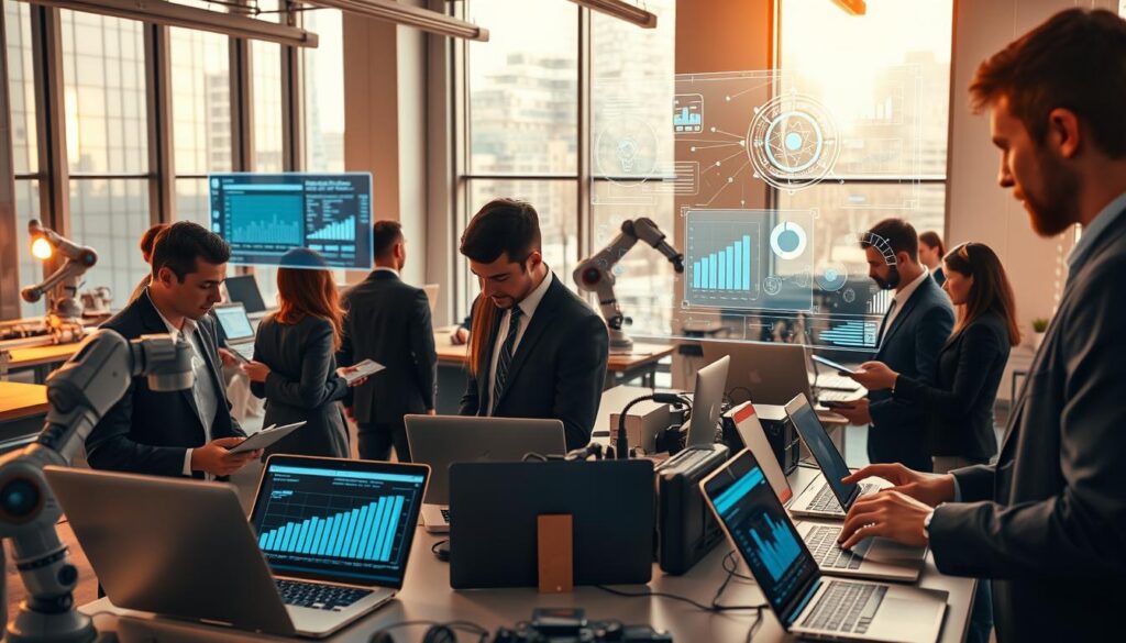 A modern office space showcasing productivity enhanced by artificial ...