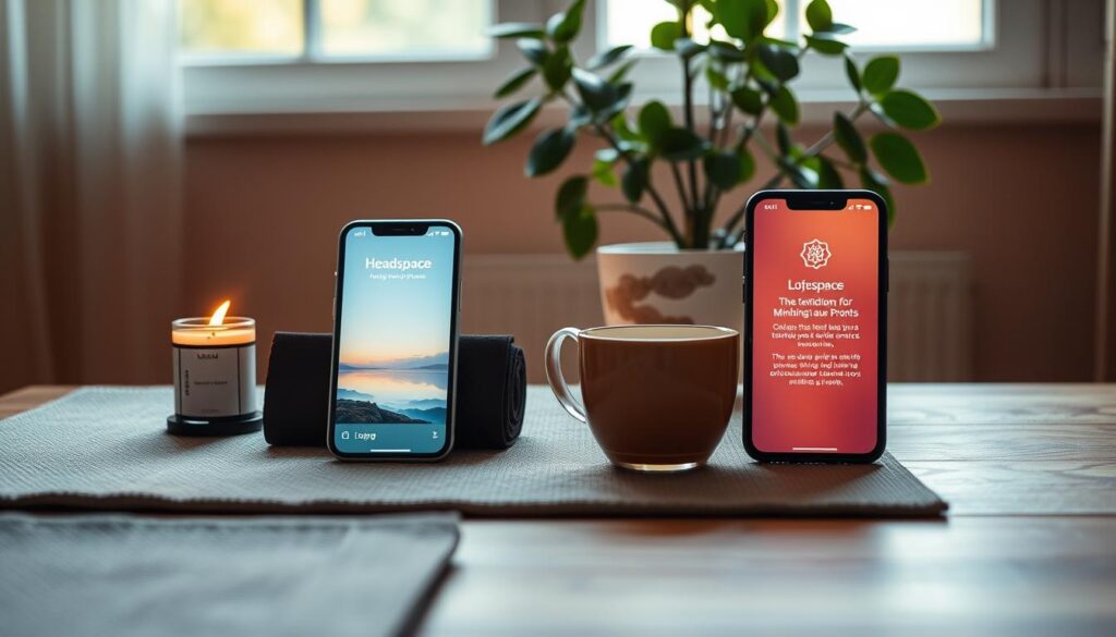 A serene and inviting digital workspace scene featuring two smartphones ...