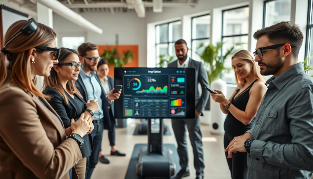 A sleek, modern setting showcasing various wearables designed for ...